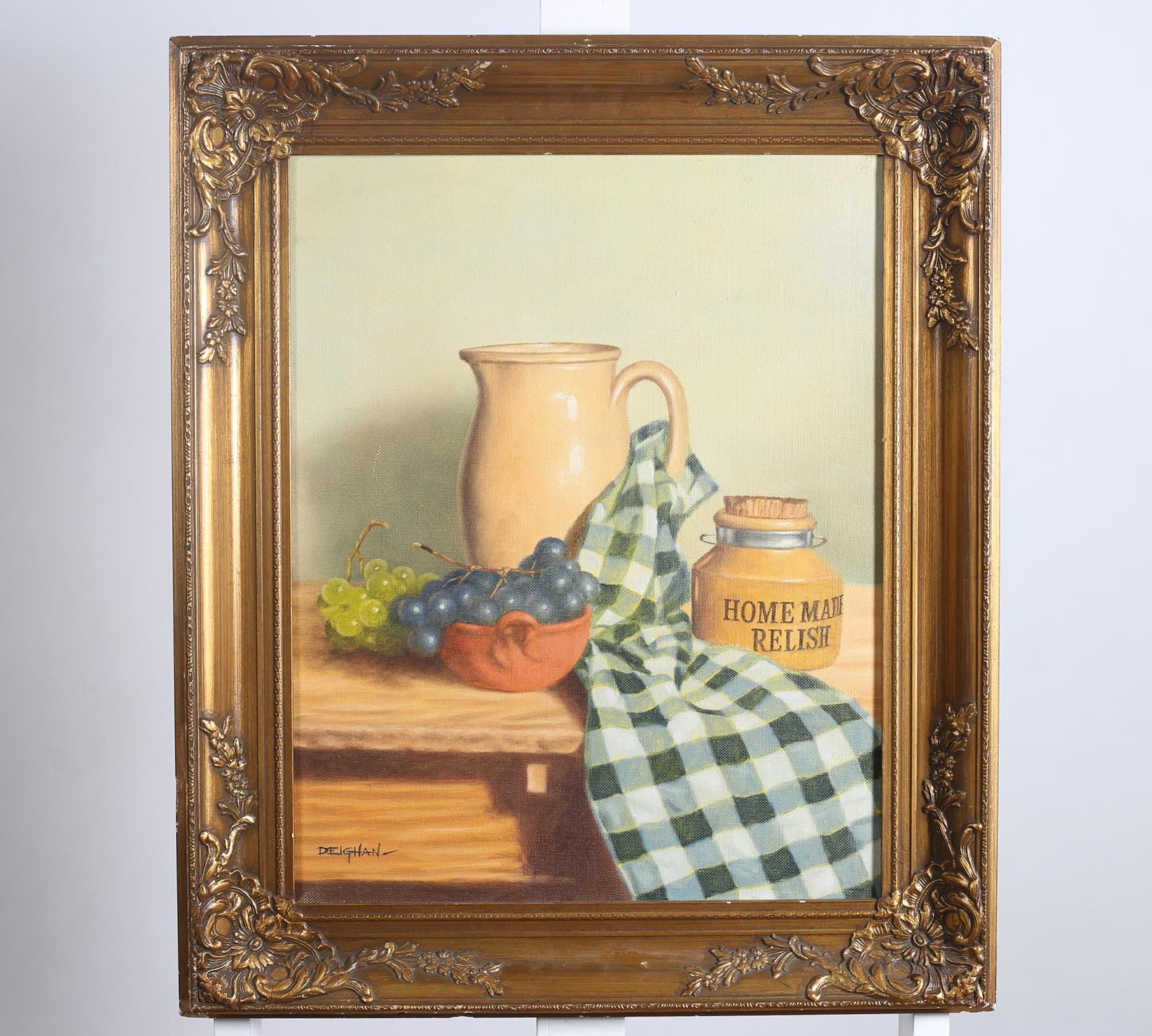 PETER DEIGHAN Still Life, Grapes in a Bowl with Jug and Relish on a ...