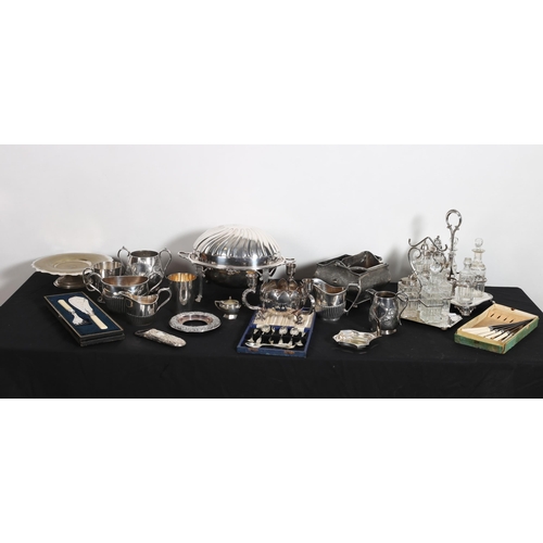 A COLLECTION OF PLATED WARE to include a turnover dish, cruet sets, a ...