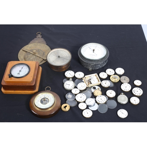 A BOXED LOT OF POCKET WATCH WORKS, barometers, a brass engraved tide ...