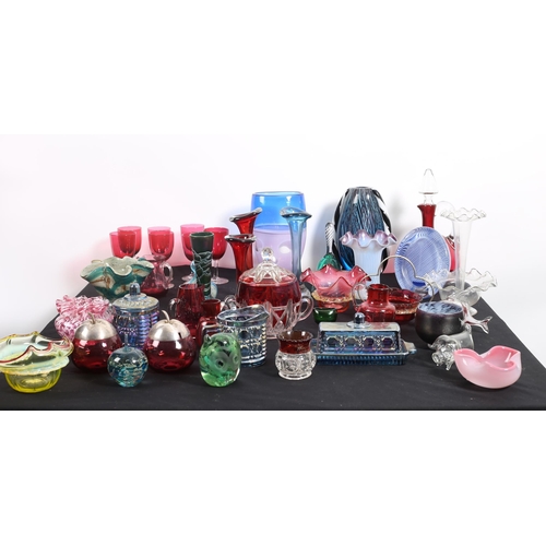 A LARGE COLLECTION OF GLASSWARE to include ruby glasses, decanter, a ...