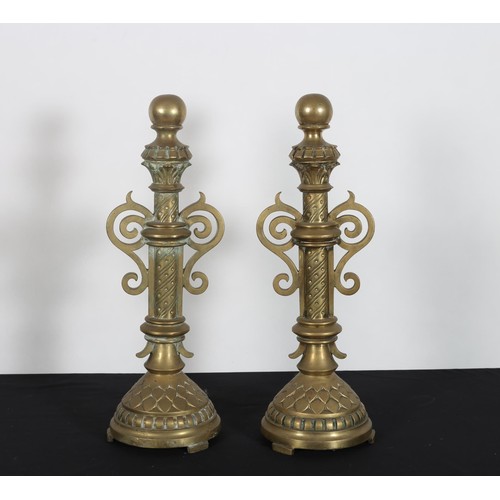 A PAIR OF 19TH CENTURY BRASS COLUMNS each with a spherical capital ...