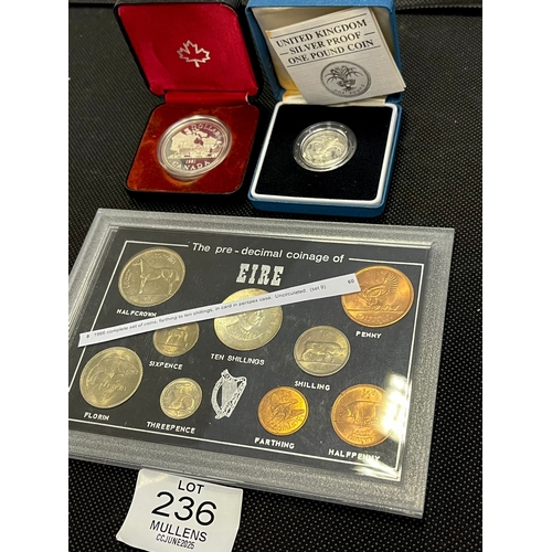A 1966 COMPLETE SET OF IRISH COINAGE together with a U.K. 1985 one ...