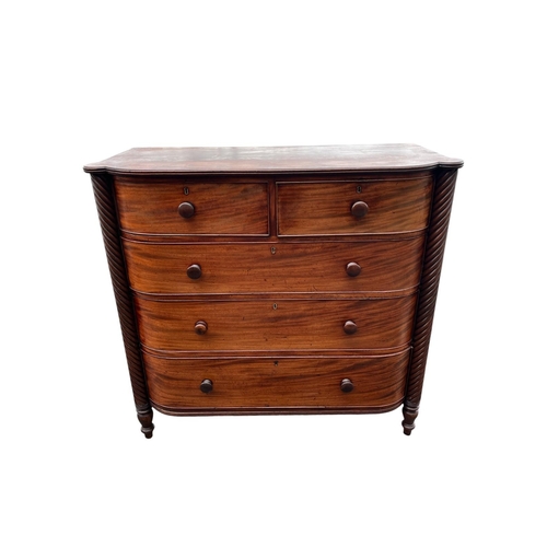 A 19TH CENTURY MAHOGANY CHEST of rectangular bowed outline the shaped ...