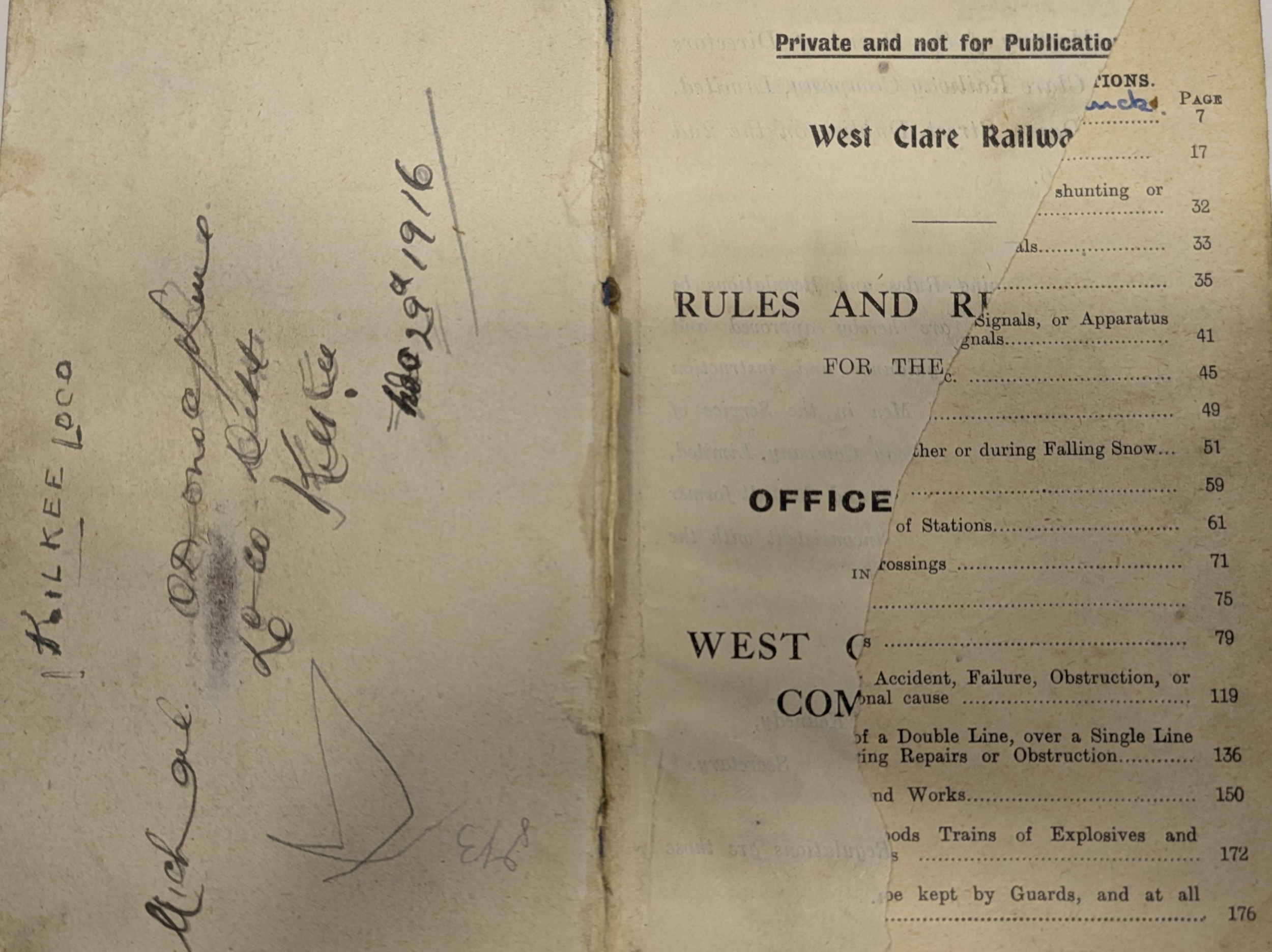 THE WEST CLARE RAILWAY RULES AND REGULATIONS c.1916 (title page torn)