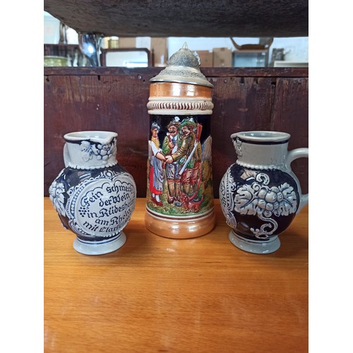 Vintage West German Stone Ware Pottery Wine Pitchers x 2 and a Lidded ...