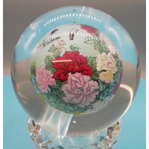Oriental Glass Orb Decorated with Flowers on a Crystal Pedestal. Signed ...