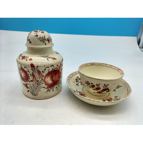 18th Century Century Hand painted Creamware 12cm Tea Caddy, Tea Bowl ...