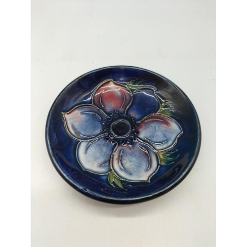 Small Moorcroft Pin Dish in the 'Anemone on Blue' Design. 8cm Diameter.