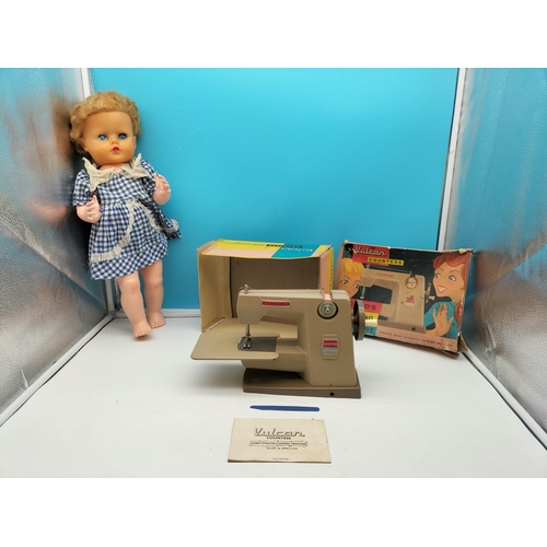 Boxed Vulcan Countess Childs Sewing Machine plus Vintage Doll.