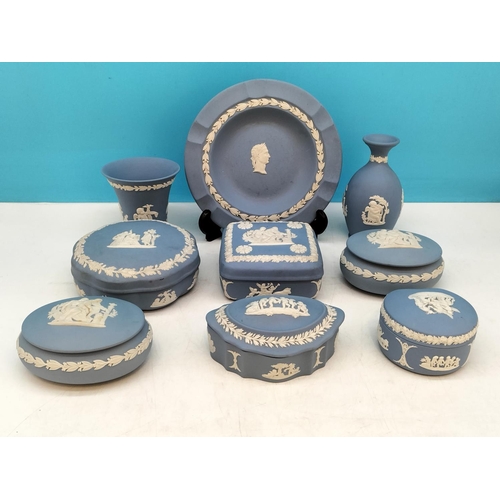 Collection of Light Blue Jasper Items (9) to include Lidded Pots, Plate ...