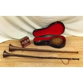 Copper and Brass Coaching Horns (2) Small Cased Mandolin (A/F) and an ...
