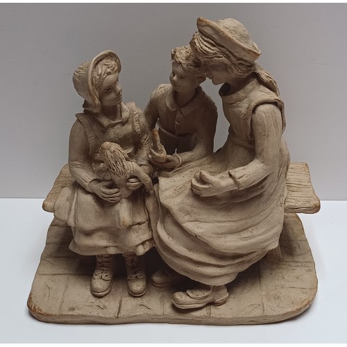 HAND MADE POTTERY SCENE MOTHER SEATING ON A BENCH WITH THEIR CHILDREN
