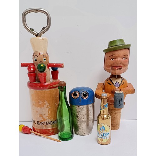 SIX NOVELTY COCKTAIL ITEMS INC. OWL SHOT GLASSES, MR BARTENDER CORK ...