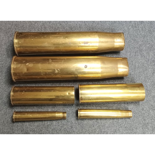 6 BRASS SHELL CASES. INC. PAIR 105MM HOWITZER 37.5CM TALL, BOFORS SHELL ...