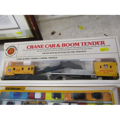 BACHMANN HO SERIES, crane car and boom tender, 89 tri level car transporter with 15 autos, Bud and t