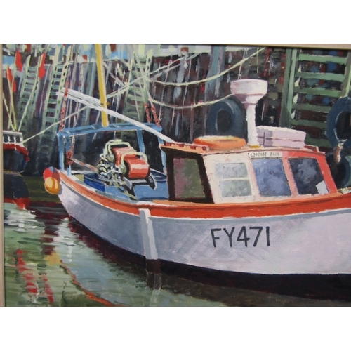 TREVOR BEDFORD, oil on canvas, "Moored fishing boat in port", 44cm x 58cm