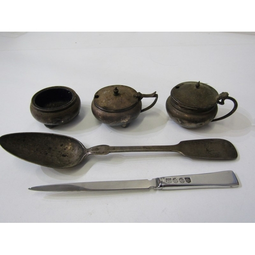 SILVER CRUET & PAPER KNIFE OPENER, silver 3 piece cruet (poor condition ...