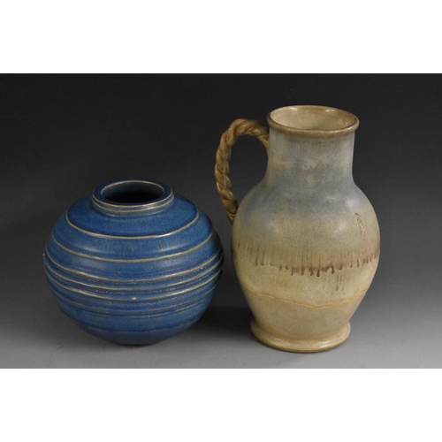 A Denby ribbed ovoid vase, designed by Alice Teichner, in mottled blue ...