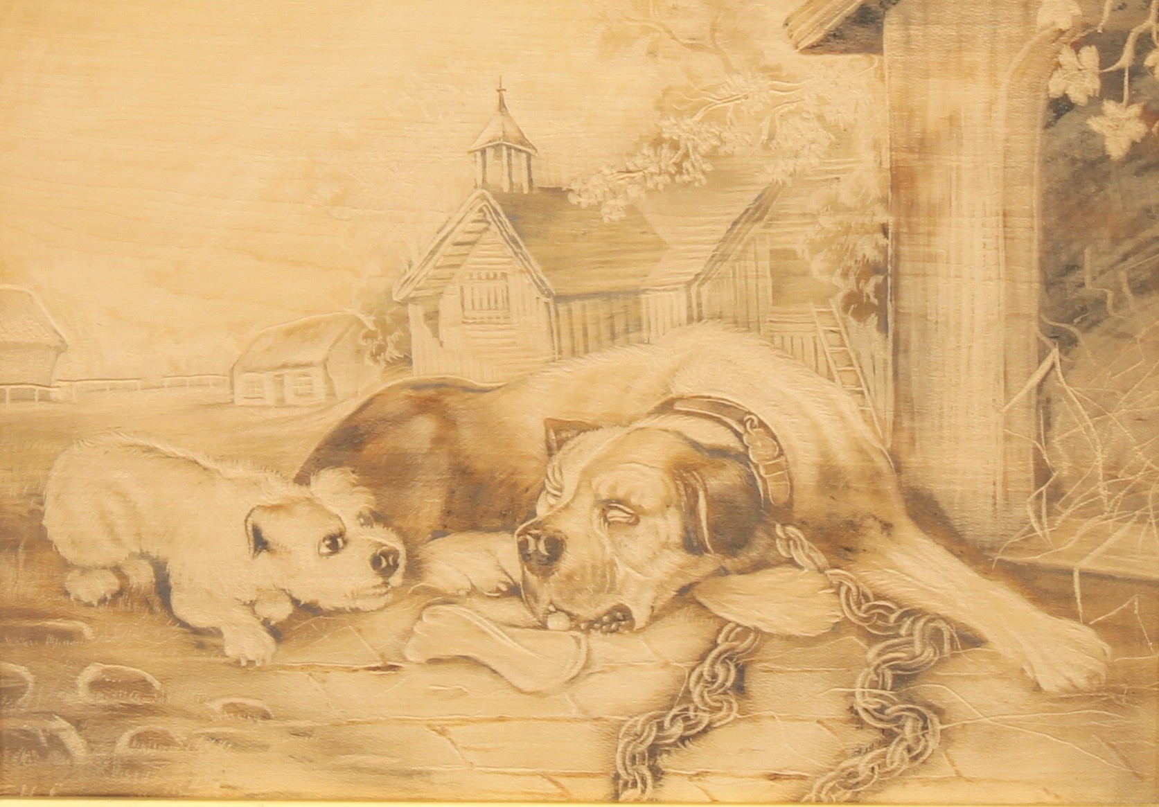 A late 19th century pyrography picture, of a dog asleep besi ...