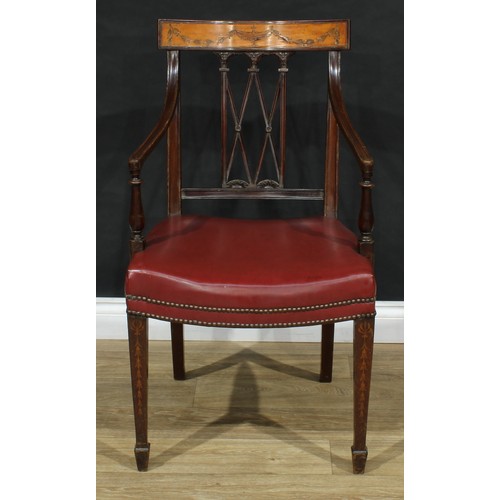 A Sheraton design mahogany, satinwood and marquetry elbow chair, curved ...