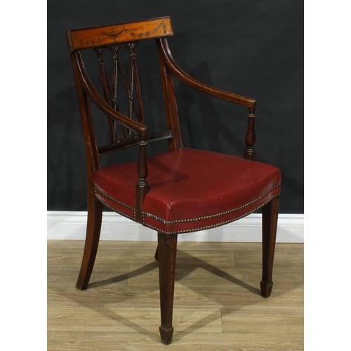 A Sheraton design mahogany, satinwood and marquetry elbow chair, curved ...