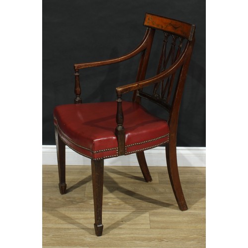 A Sheraton design mahogany, satinwood and marquetry elbow chair, curved ...
