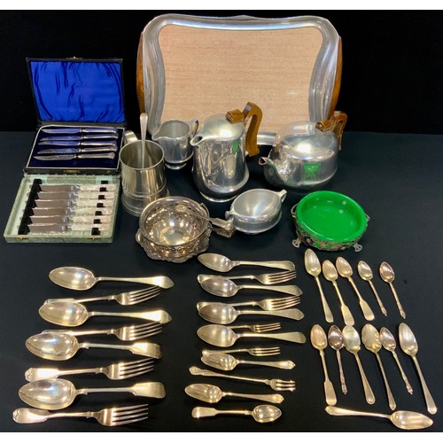 A Picquot ware four piece tea set on tray; silver plated green bowl ...