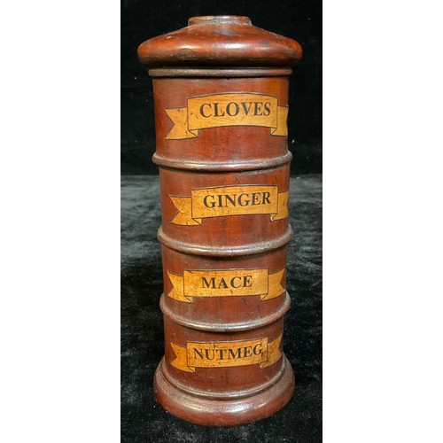 A 19th century style treen spice tower, marked for Cloves, Ginger, Mace ...