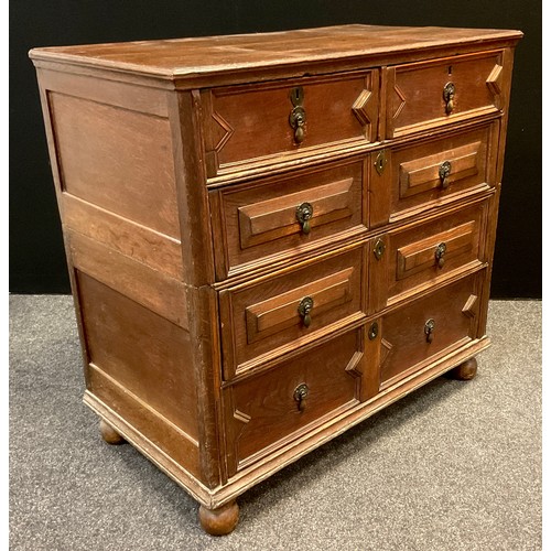 A William III oak block front chest, rectangular top above two short ...