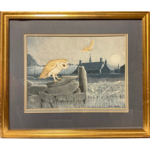Brian Carter (American, bn.1939) Moonrise Barn Owls, signed ...
