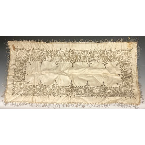 A 19th century silk Altar cloth, hand embroidered with silver beads in ...