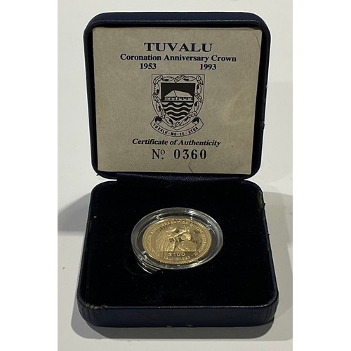 A Tuvalu coronation anniversary 14ct gold crown coin, 1953 - 1993 ...
