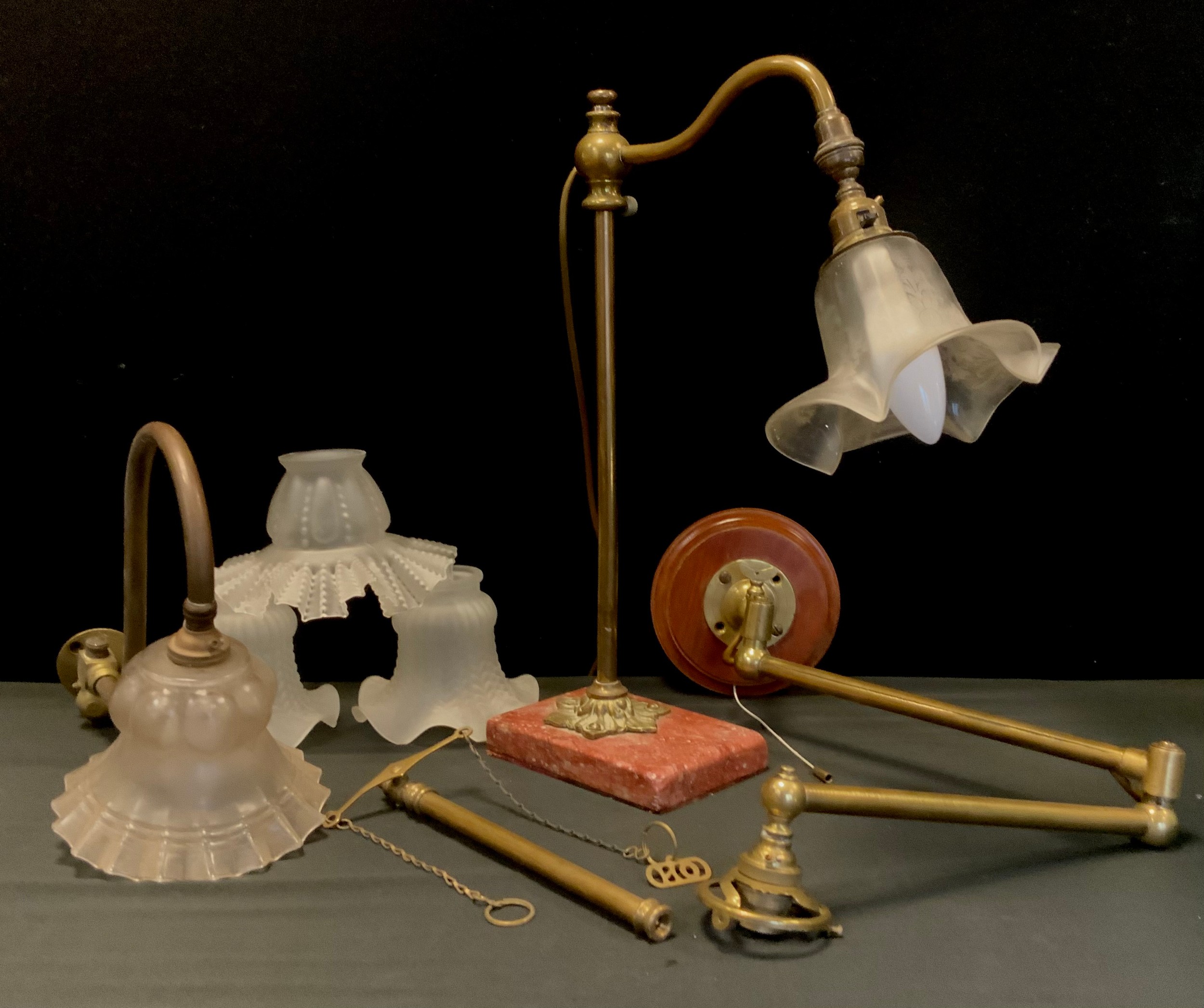 Lighting - a brass gaslight converted to a table lamp, rouge marble ...