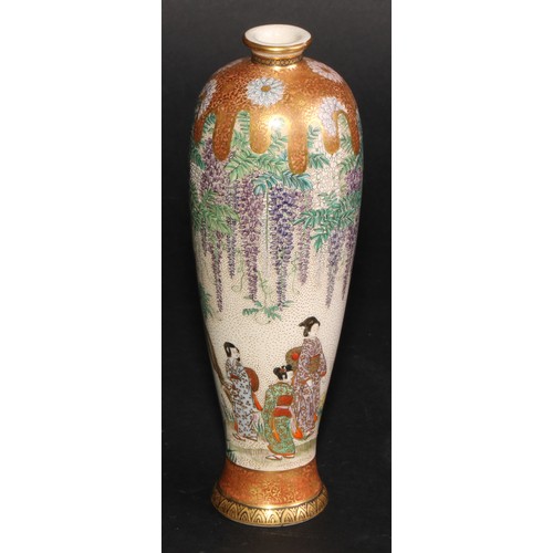 A pair of Japanese Satsuma slender ovoid vases, painted with geisha ...