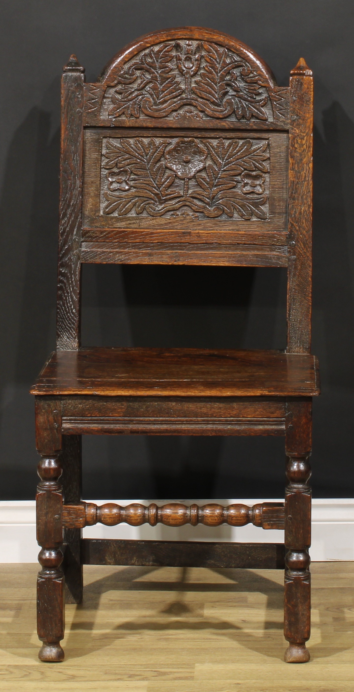 A late 17th century oak backstool, probably Lancashire or Cheshire, the ...