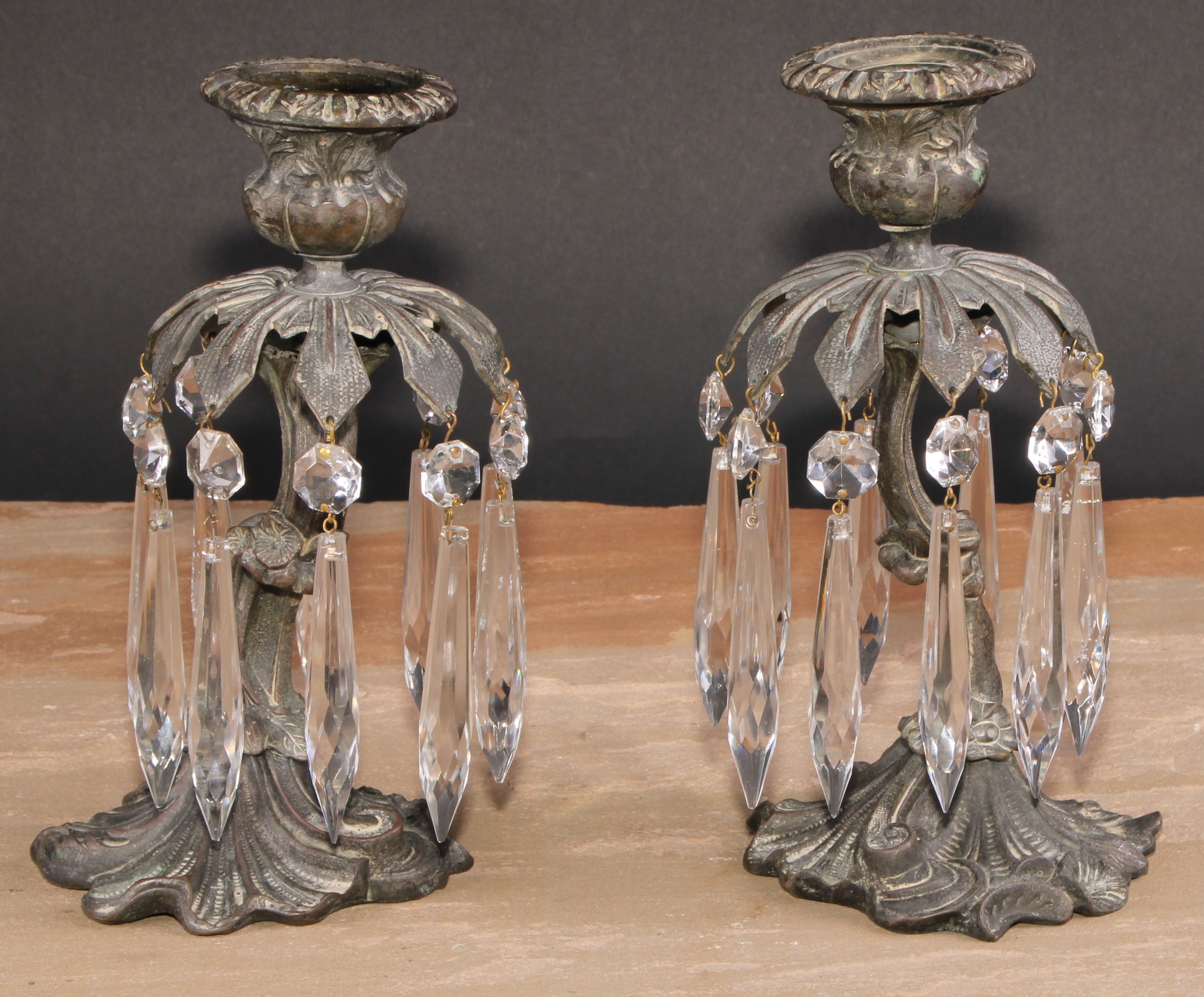 A pair of post-Regency dark patinated bronze candle lustres, campana ...