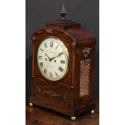 A Regency rosewood and brass marquetry bracket clock, 20cm convex dial ...