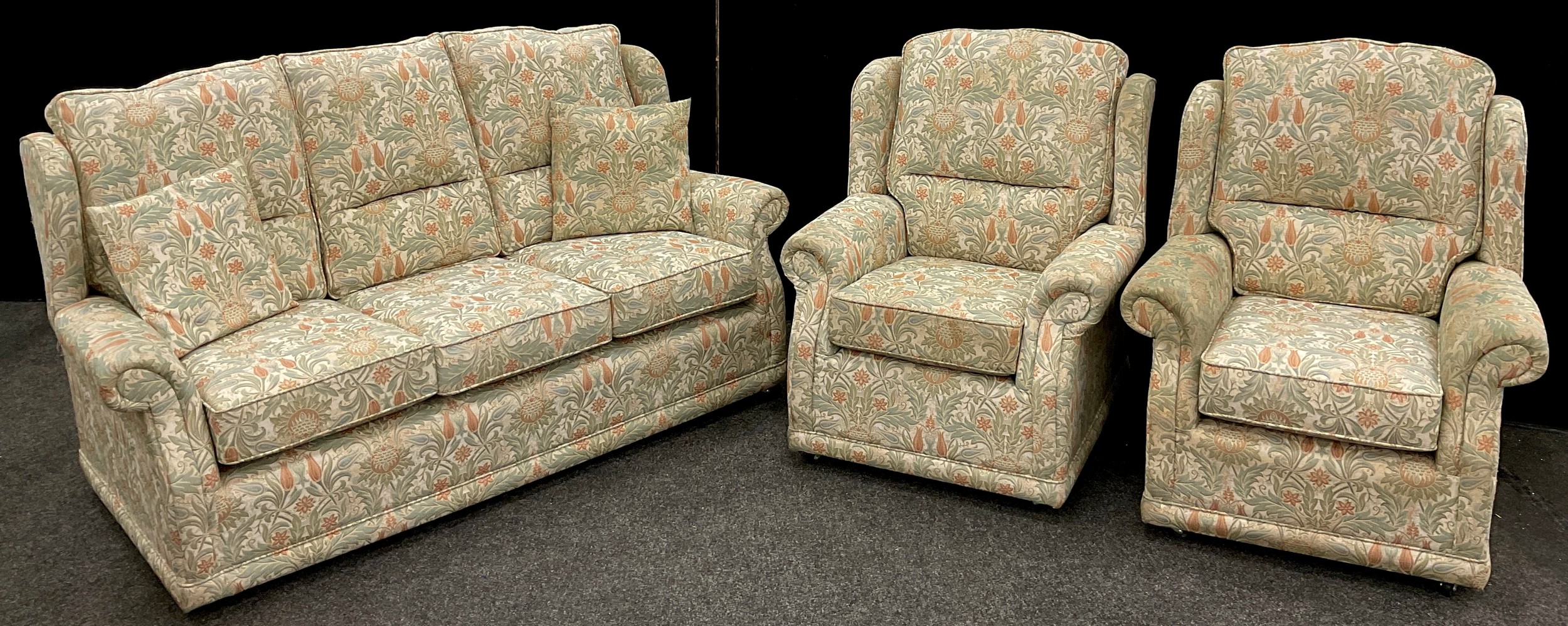 A contemporary three seat sofa, William Morris style fabric upholstery ...
