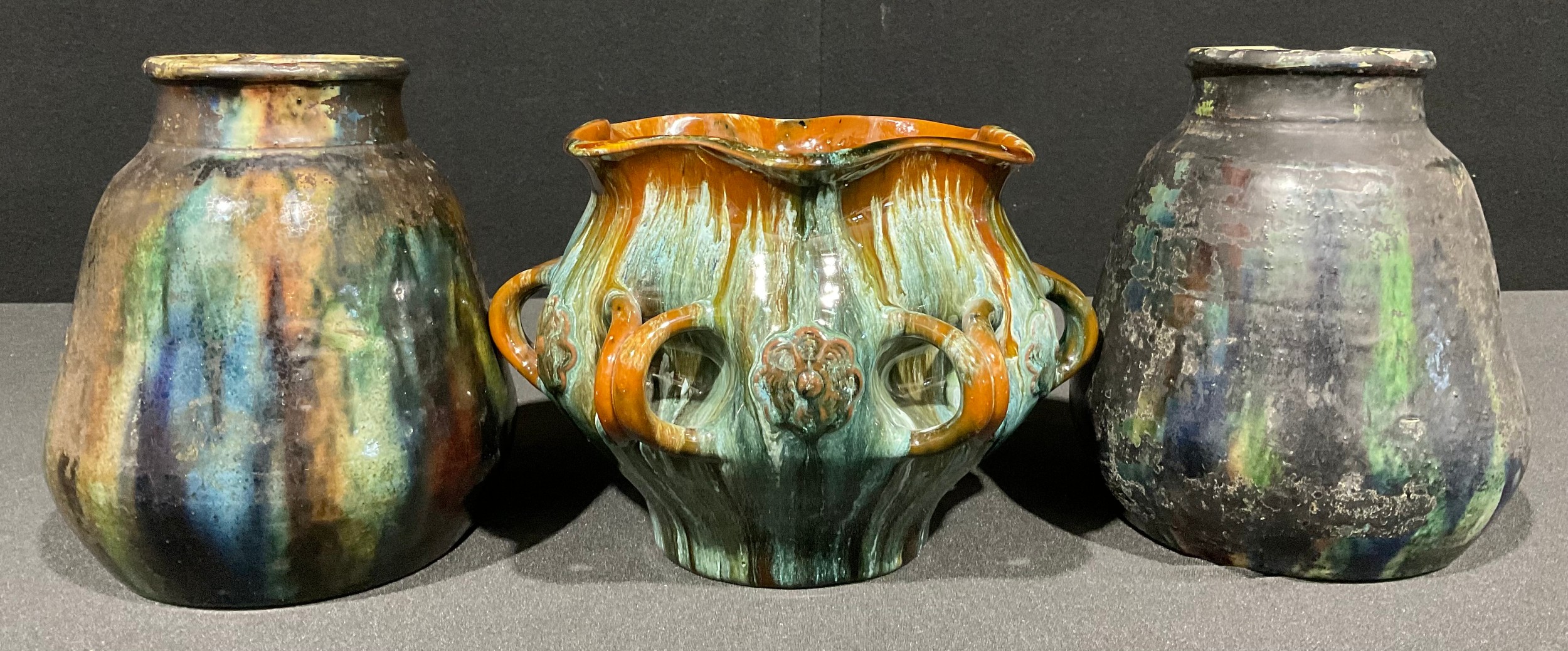 A Linthorpe pottery ovoid vase, after Christopher Dresser, applied with ...