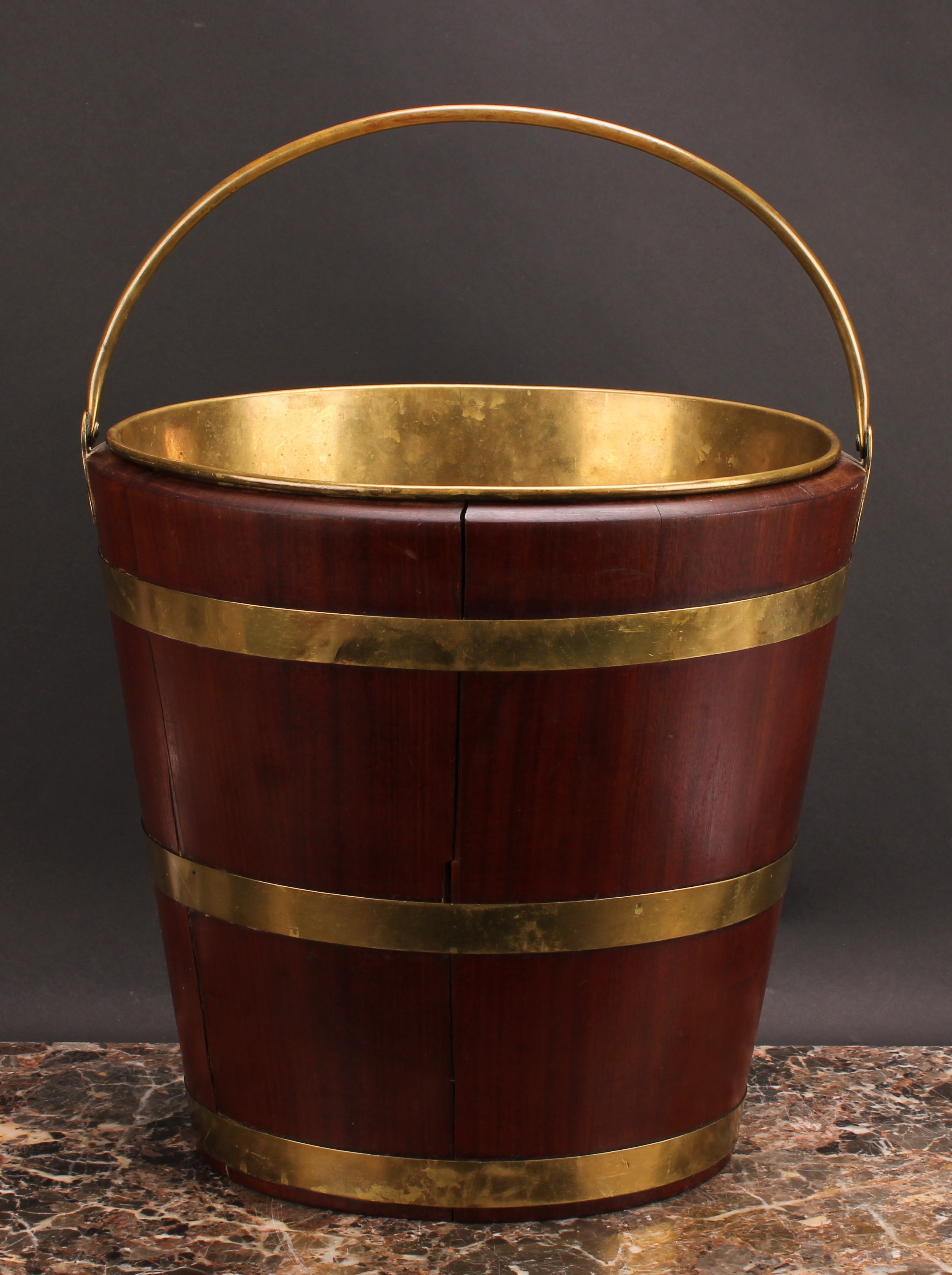 A Dutch brass bound coopered oyster bucket or peat bucket, 47cm high ...