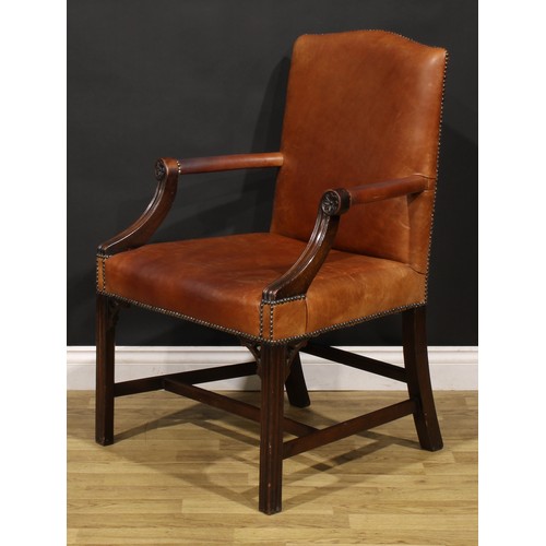 A Chippendale Revival mahogany Gainsborough armchair, stuffed-over ...