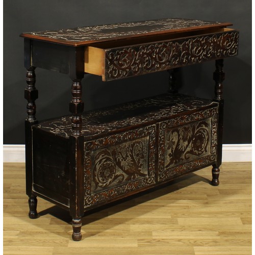 An Arts & Crafts period two-tier buffet serving table, drawer to frieze ...