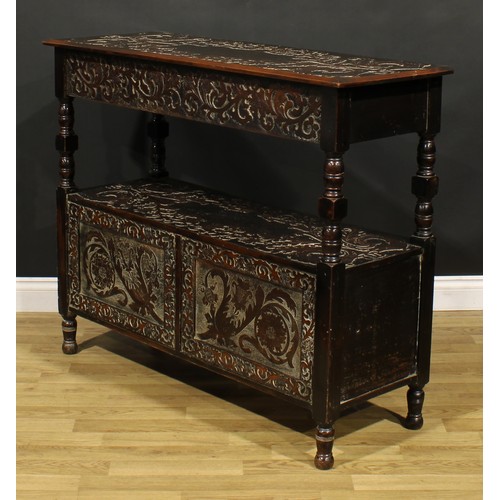 An Arts & Crafts period two-tier buffet serving table, drawer to frieze ...
