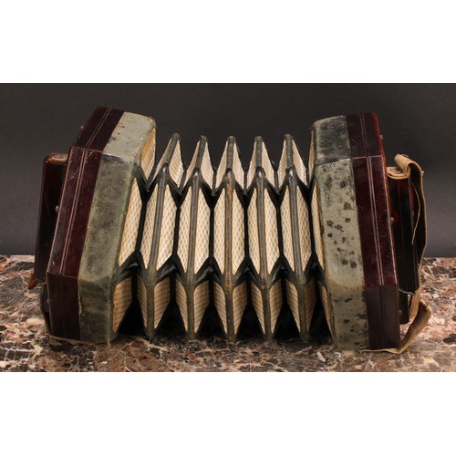A 19th century rosewood concertina, twenty one bone keys, hexagonal ...