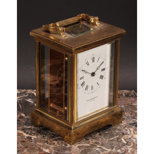 A lacquered brass carriage timepiece, 7cm enamel clock dial inscribed ...