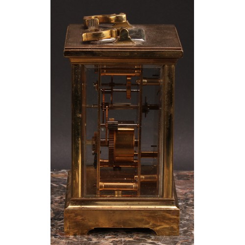 A lacquered brass carriage timepiece, 7cm enamel clock dial inscribed ...