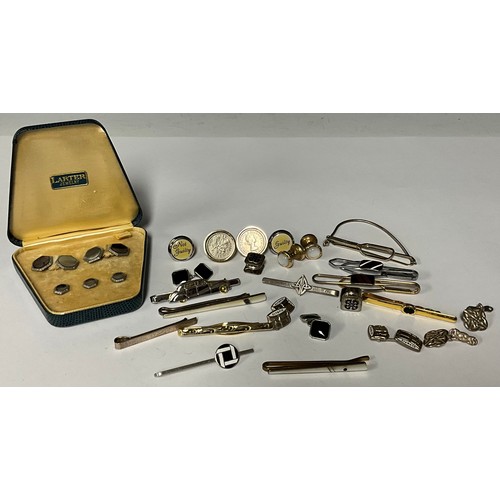 A suite of cuff links and collar studs, cased; a sterling silver tie ...