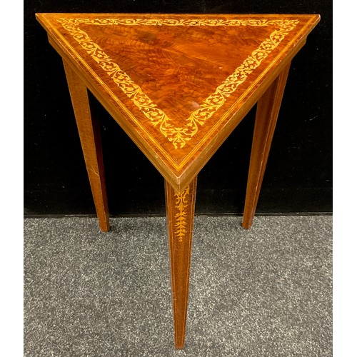 A set of five burr yew and maple-inlaid side tables, triangular tops ...