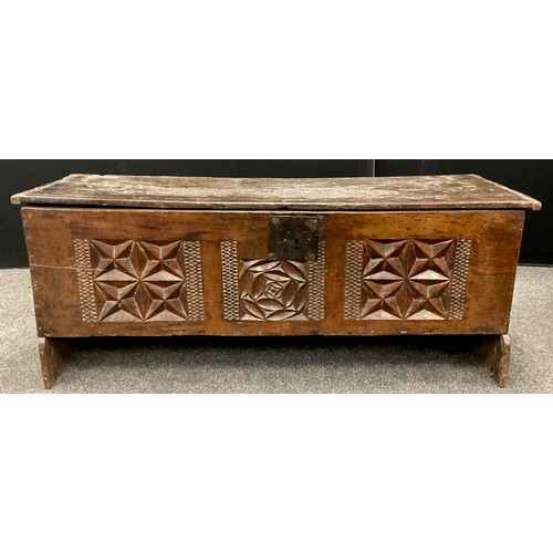 A 16th century oak six-plank ‘sword chest’, 56.5cm high x 141cm wide x ...
