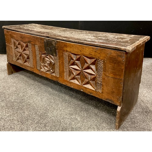 A 16th century oak six-plank ‘sword chest’, 56.5cm high x 141cm wide x ...